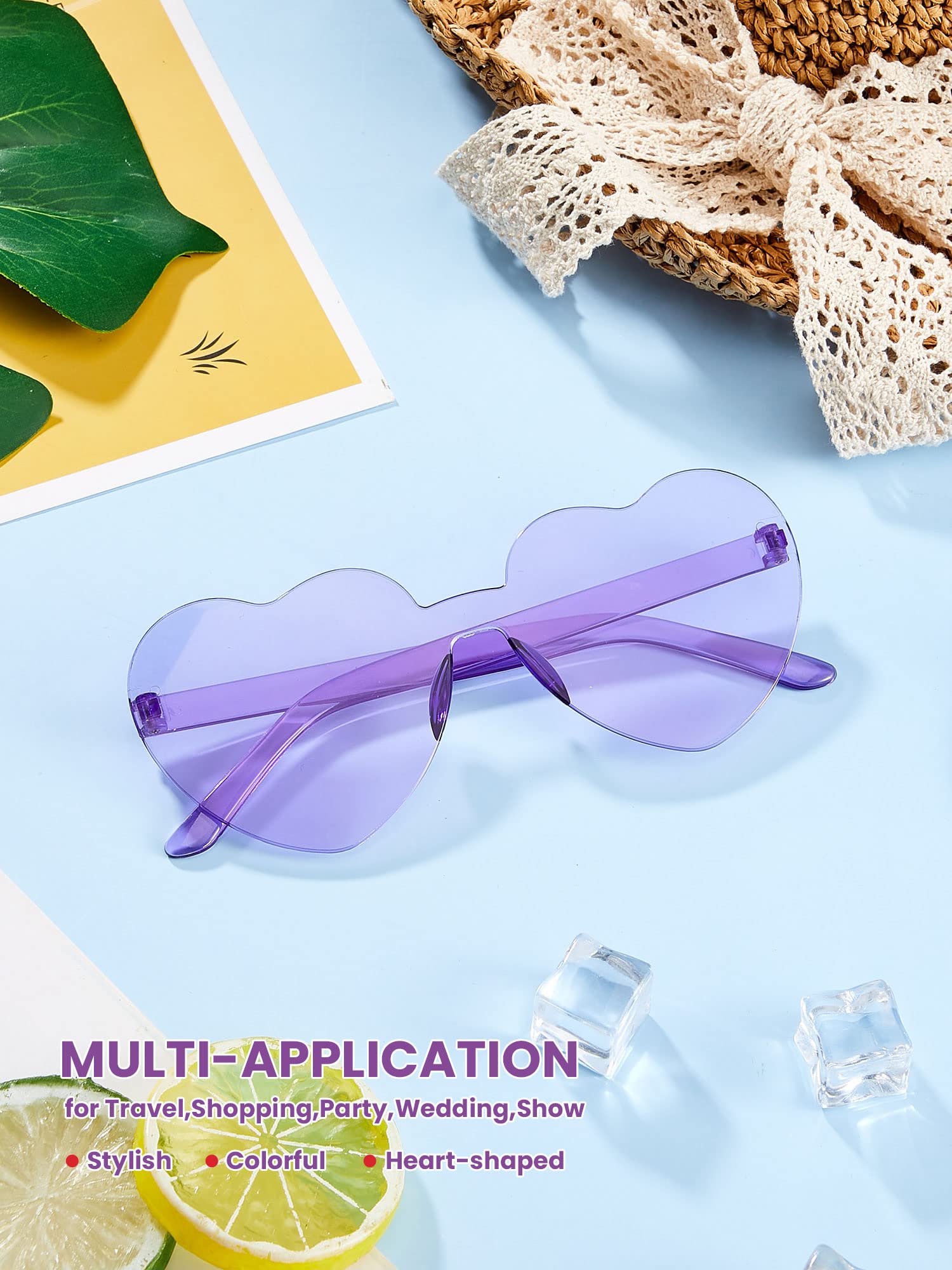 Weewooday 40 Pairs Heart Glasses Rimless Heart Shaped Frameless Sunglasses Transparent Sunglasses Tinted Eyewear(Purple)