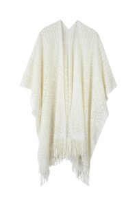 bocoso knit shawl wraps tassel open front poncho cape for women, ladies fringed knitted cardigan white