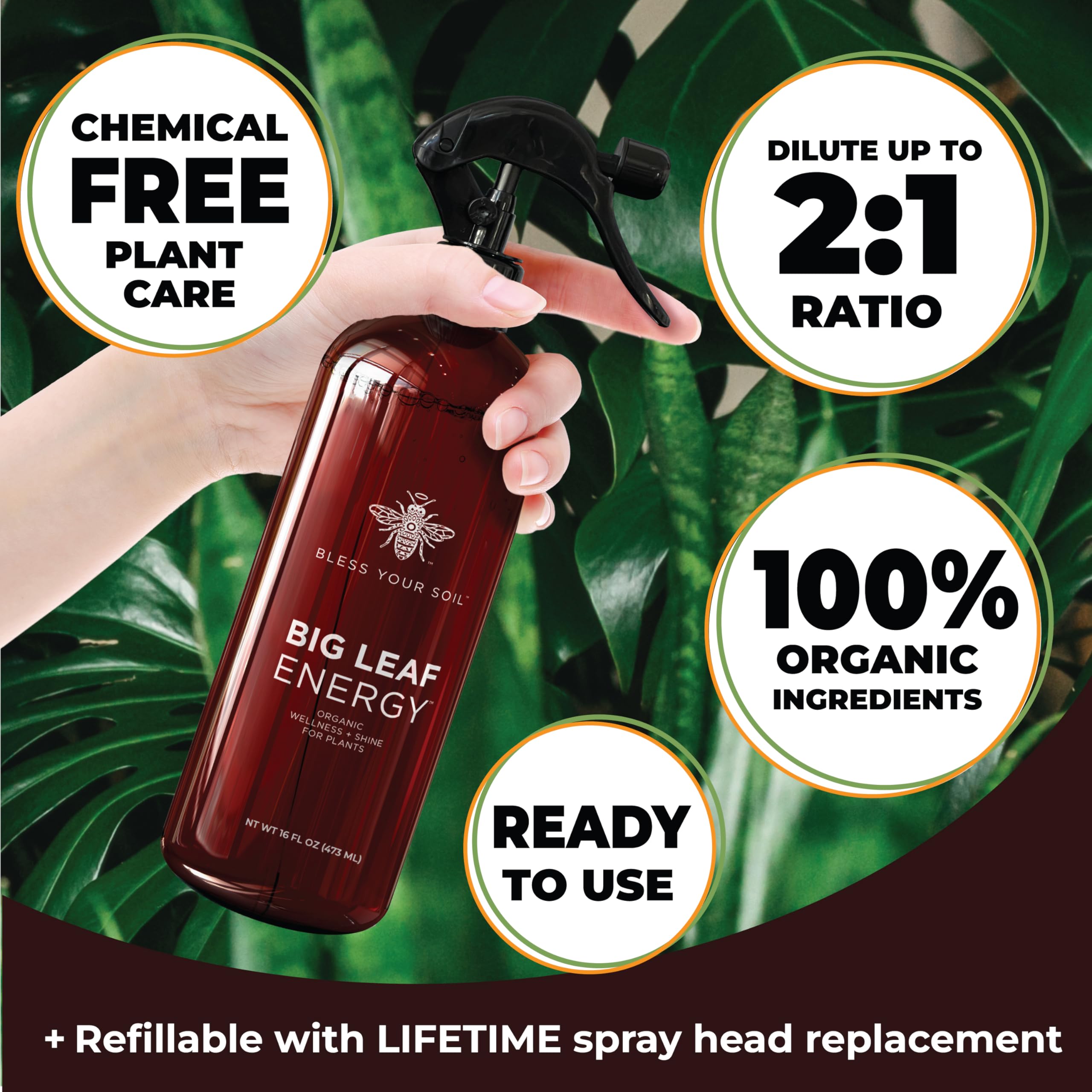 Big Leaf Energy : RTU Wellness Spray for Indoor Plants : Organic Neem Oil + Essential Oils (16OZ, Plastic Bottle)