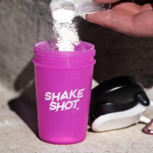 Shake Shot - Pink - 4oz Mini Shaker Bottle for Pre Workout, Creatine, & Small Scoop Supplements Carabiner & Shaker Ball Included