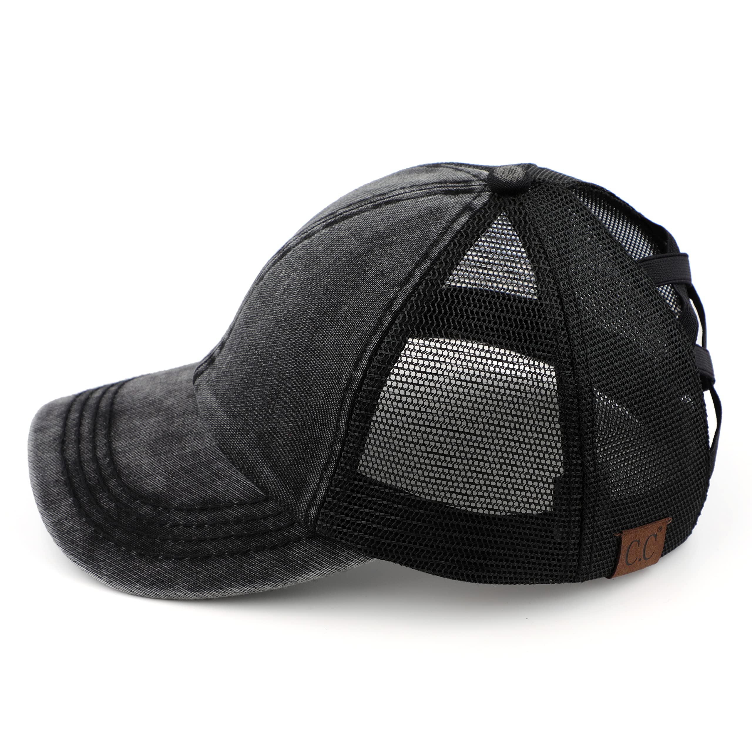 C.C Exclusives Stone Washed Distressed Cotton Criss-Cross Ponytail Hat Adjustable Baseball Cap (BT-1009) (A Crossed Elastic Band-Stone Washed_Black)