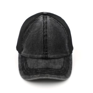 C.C Exclusives Stone Washed Distressed Cotton Criss-Cross Ponytail Hat Adjustable Baseball Cap (BT-1009) (A Crossed Elastic Band-Stone Washed_Black)