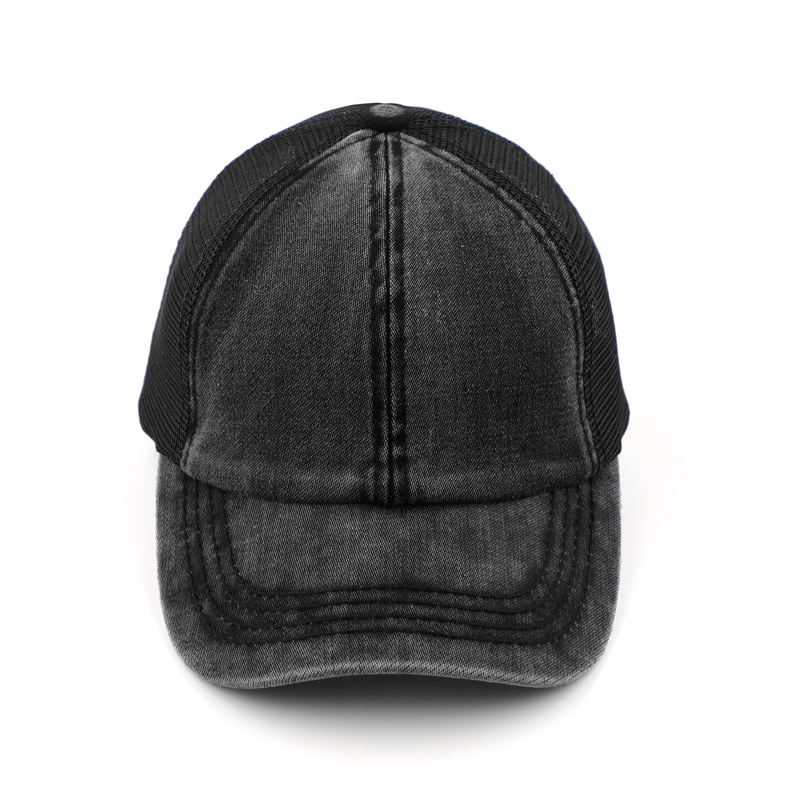 C.C Exclusives Stone Washed Distressed Cotton Criss-Cross Ponytail Hat Adjustable Baseball Cap (BT-1009) (A Crossed Elastic Band-Stone Washed_Black)