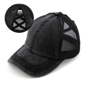 c.c exclusives stone washed distressed cotton criss-cross ponytail hat adjustable baseball cap (bt-1009) (a crossed elastic band-stone washed_black)