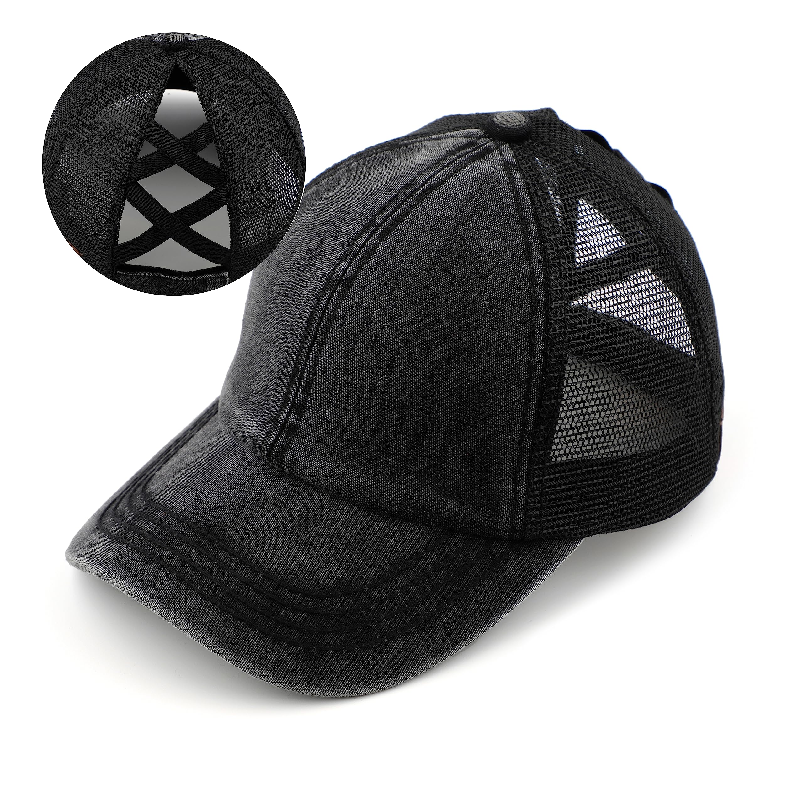 C.C Exclusives Stone Washed Distressed Cotton Criss-Cross Ponytail Hat Adjustable Baseball Cap (BT-1009) (A Crossed Elastic Band-Stone Washed_Black)