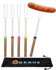 corque marshmallow roasting sticks, smores sticks, extendable, camping skewer for fire pit, wooden handle, 32inch metal for bbq hotdog, cooking, campfires, bonfires, set of 5