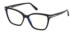 eyeglasses tom ford ft 5812 -b 001 shiny black,"t" logo/blue block lenses