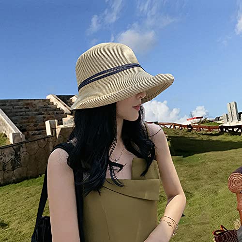 Straw Beach Sun Hat for Women Summer Bucket Hat Elegent Vintage 1920S Packable SPF UV Protection Boho Hat (Beige)