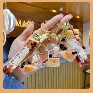 HSYHERE Men Women Creative Interesting Floating Milk Tea Brown Bear Lucky Bottle Keychain Keyrings, Bubble Moving Liquid Sand Car Chain Key Ring Bag Pendant Key Holder -Water Bottle