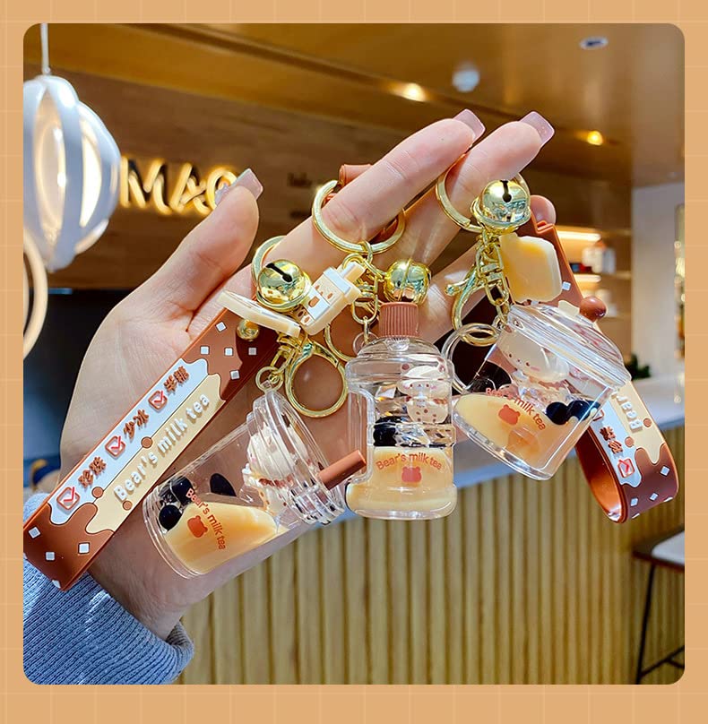 HSYHERE Men Women Creative Interesting Floating Milk Tea Brown Bear Lucky Bottle Keychain Keyrings, Bubble Moving Liquid Sand Car Chain Key Ring Bag Pendant Key Holder -Water Bottle