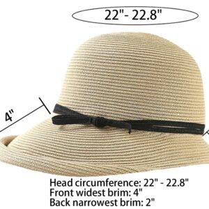 Straw Beach Sun Hat for Women Summer Bucket Hat Elegent Vintage 1920S Packable SPF UV Protection Boho Hat (Beige)