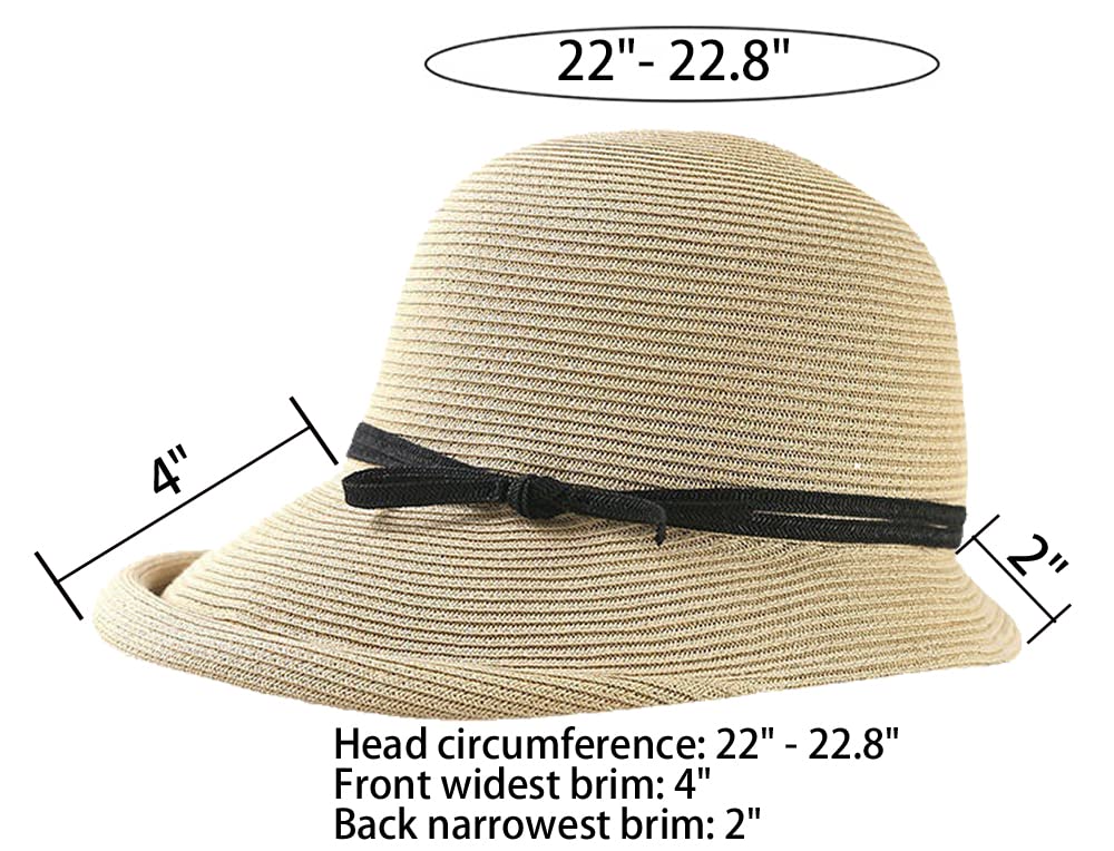 Straw Beach Sun Hat for Women Summer Bucket Hat Elegent Vintage 1920S Packable SPF UV Protection Boho Hat (Beige)