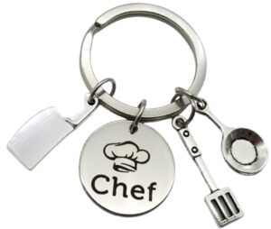 kit's kiss chef keychain chef gift cooking spatula frying pan kitchen knife chef hat charms culinary graduation gift, silver, diameter of key ring: 1.2 inches (3 cm)