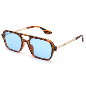 pro acme square aviator trendy sunglasses for women men vintage 70s flat pilot tinted glasses uv400 protection(leopard frame | blue lens)