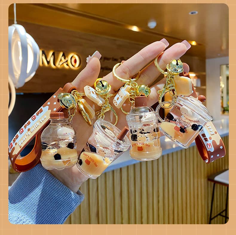 HSYHERE Men Women Creative Interesting Floating Milk Tea Brown Bear Lucky Bottle Keychain Keyrings, Bubble Moving Liquid Sand Car Chain Key Ring Bag Pendant Key Holder -Water Bottle