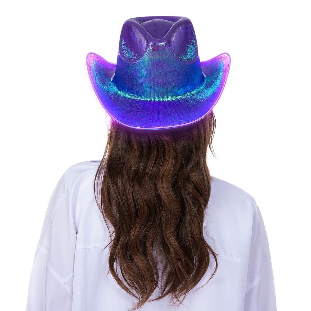 Light Up Disco Cowboy/Cowgirl Hat, Holographic Space, Led Purple