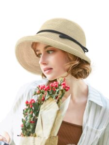 straw beach sun hat for women summer bucket hat elegent vintage 1920s packable spf uv protection boho hat (beige)