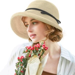 Straw Beach Sun Hat for Women Summer Bucket Hat Elegent Vintage 1920S Packable SPF UV Protection Boho Hat (Beige)