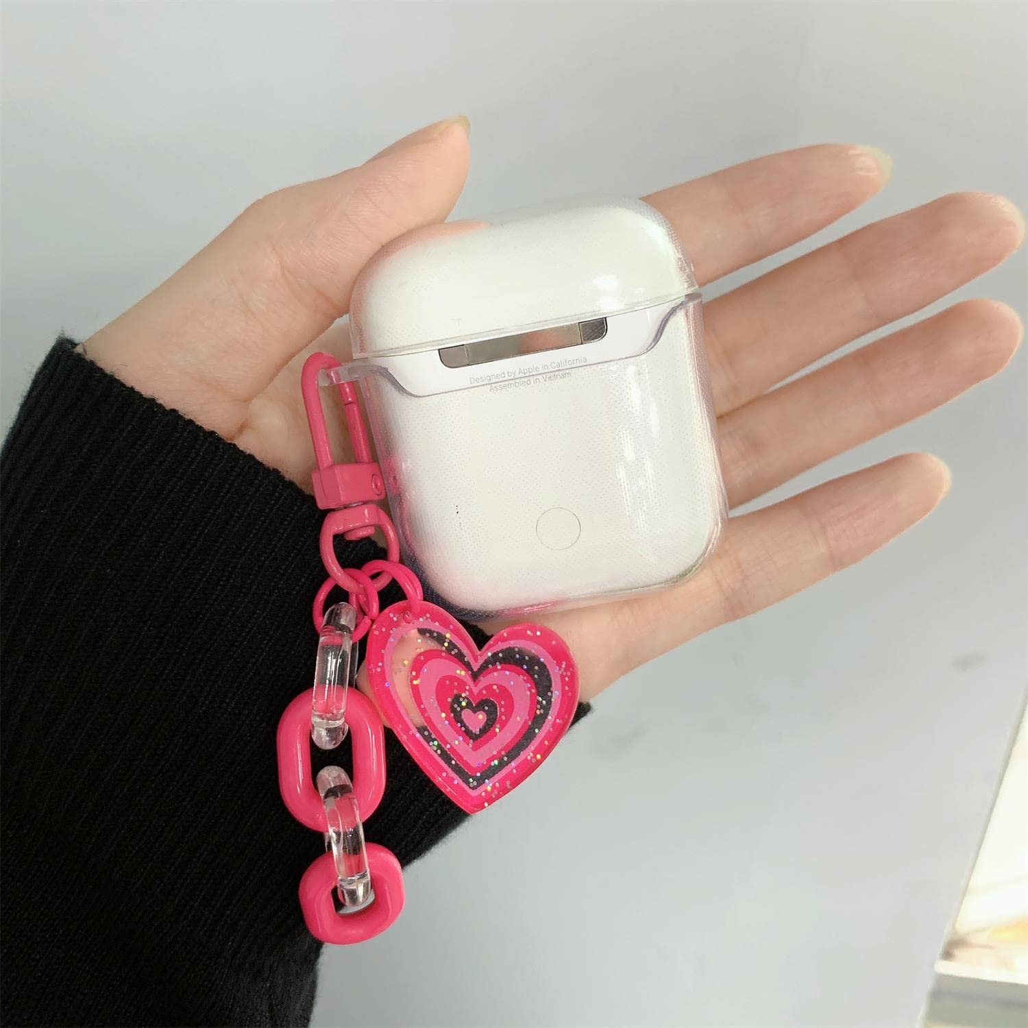 Fycyko Compatible with AirPods Case with Clear Cute Heart Design Smooth Soft TPU Glitter Heart Keychain Cover Case for Airpods 2 &1,Cute for Airpods-Pink