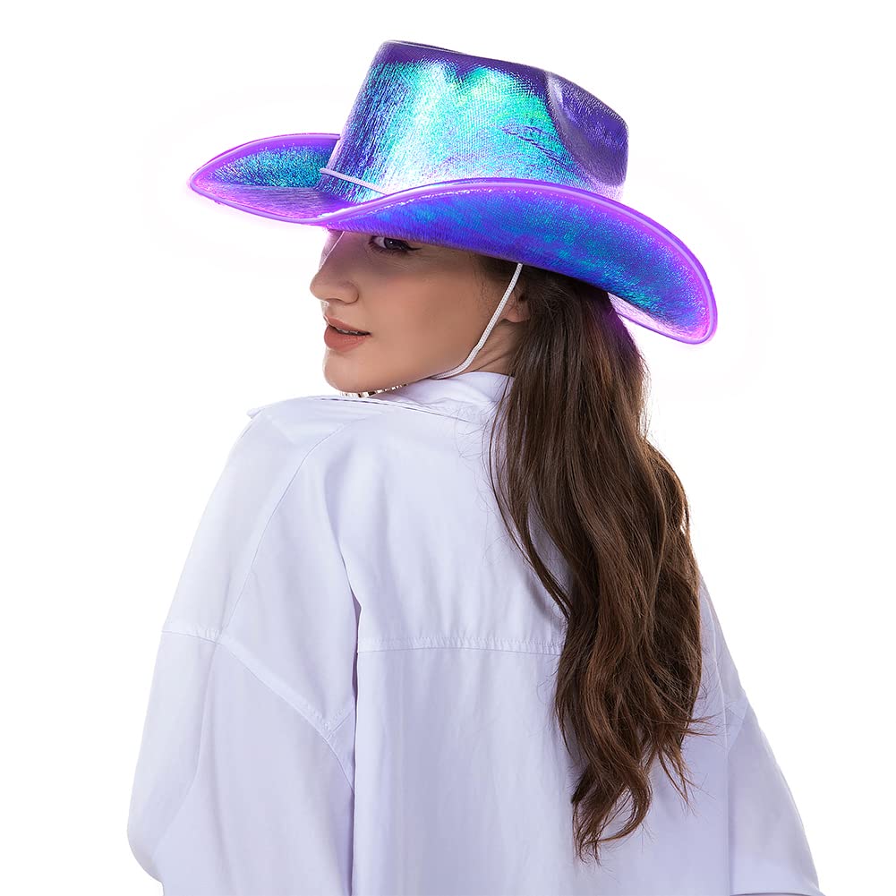 Light Up Disco Cowboy/Cowgirl Hat, Holographic Space, Led Purple