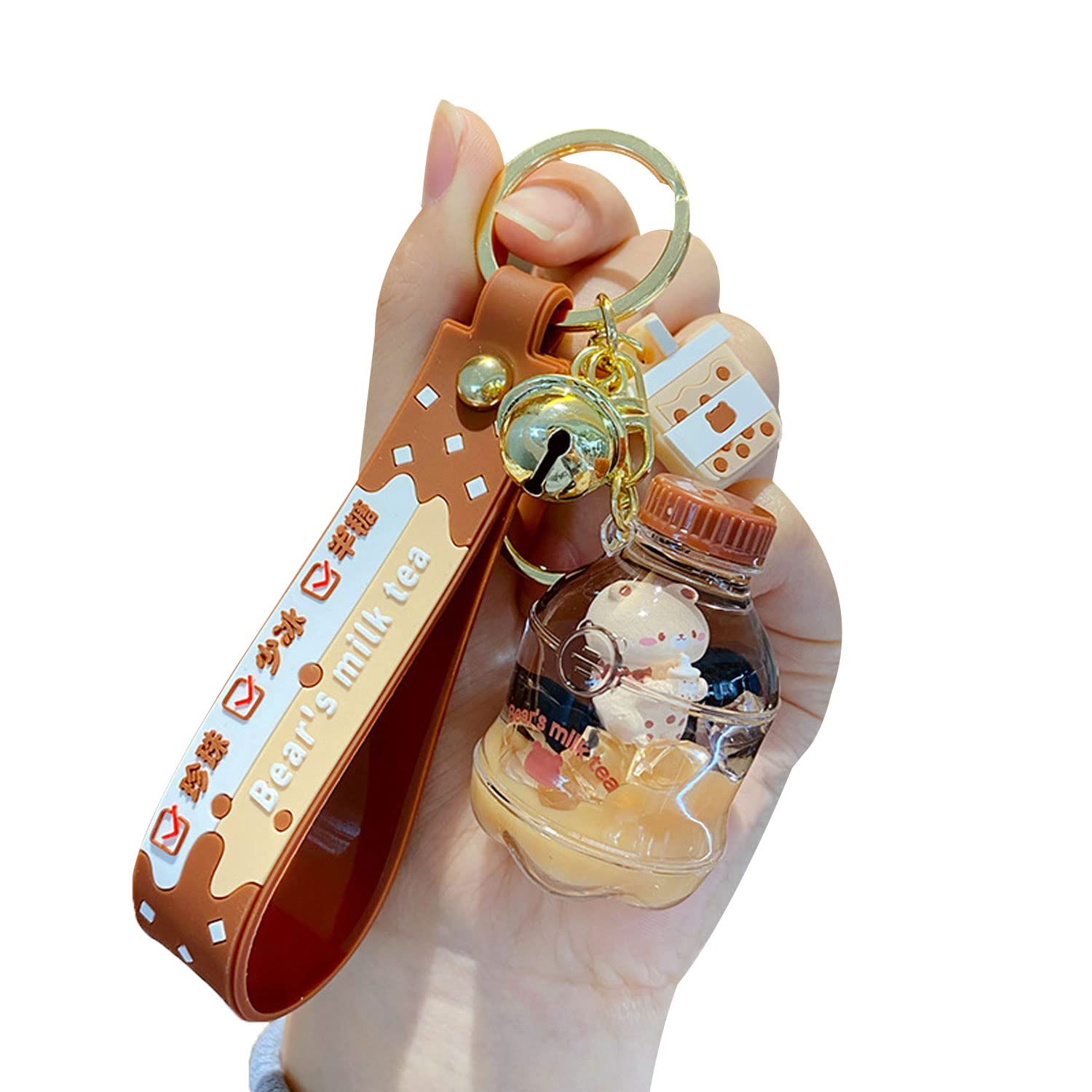 HSYHERE Men Women Creative Interesting Floating Milk Tea Brown Bear Lucky Bottle Keychain Keyrings, Bubble Moving Liquid Sand Car Chain Key Ring Bag Pendant Key Holder -Water Bottle