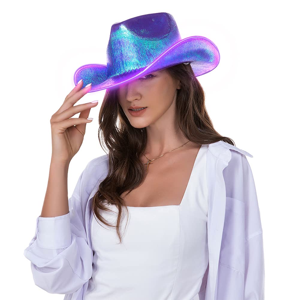 Light Up Disco Cowboy/Cowgirl Hat, Holographic Space, Led Purple