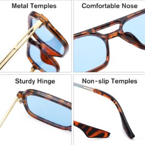 Pro Acme Square Aviator Trendy Sunglasses for Women Men Vintage 70s Flat Pilot Tinted Glasses UV400 Protection(Leopard Frame | Blue Lens)