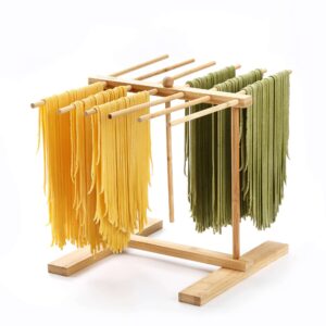 8som bamboo pasta drying rack with transfer wand and 12 bars, easy to transfer for drying pasta and cooking, special suspension design for large storage