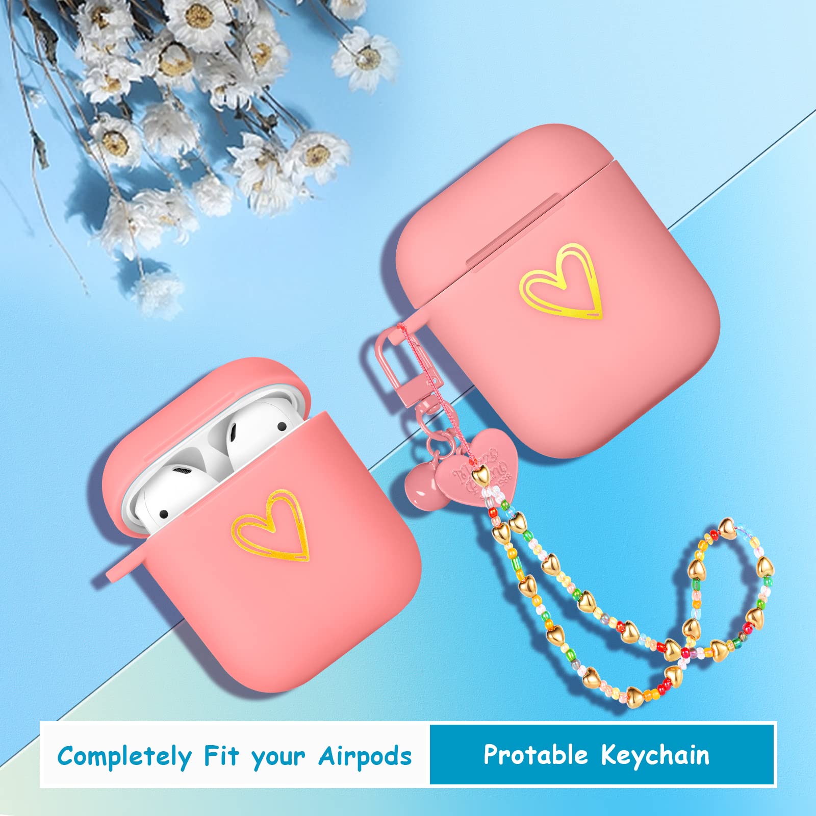 Besoar for Airpods 1st/2nd Generation Case Cute for Women Girls Girly Aesthetic pk Heart Cases with Keychain Buckle for Airpod 1/2 Pretty Lovely Soft Silicone Cover Unique Design for Air Pods 1/2