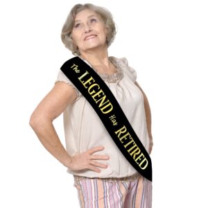 JPACO The Legend Has Retired Sash – Elegant Black and Gold Foil Legendary Sash for Both Women and Men & a Large Gold Safety Pin. Perfect for Retirement Parties