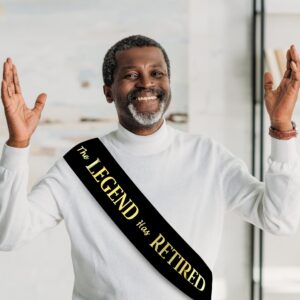 JPACO The Legend Has Retired Sash – Elegant Black and Gold Foil Legendary Sash for Both Women and Men & a Large Gold Safety Pin. Perfect for Retirement Parties