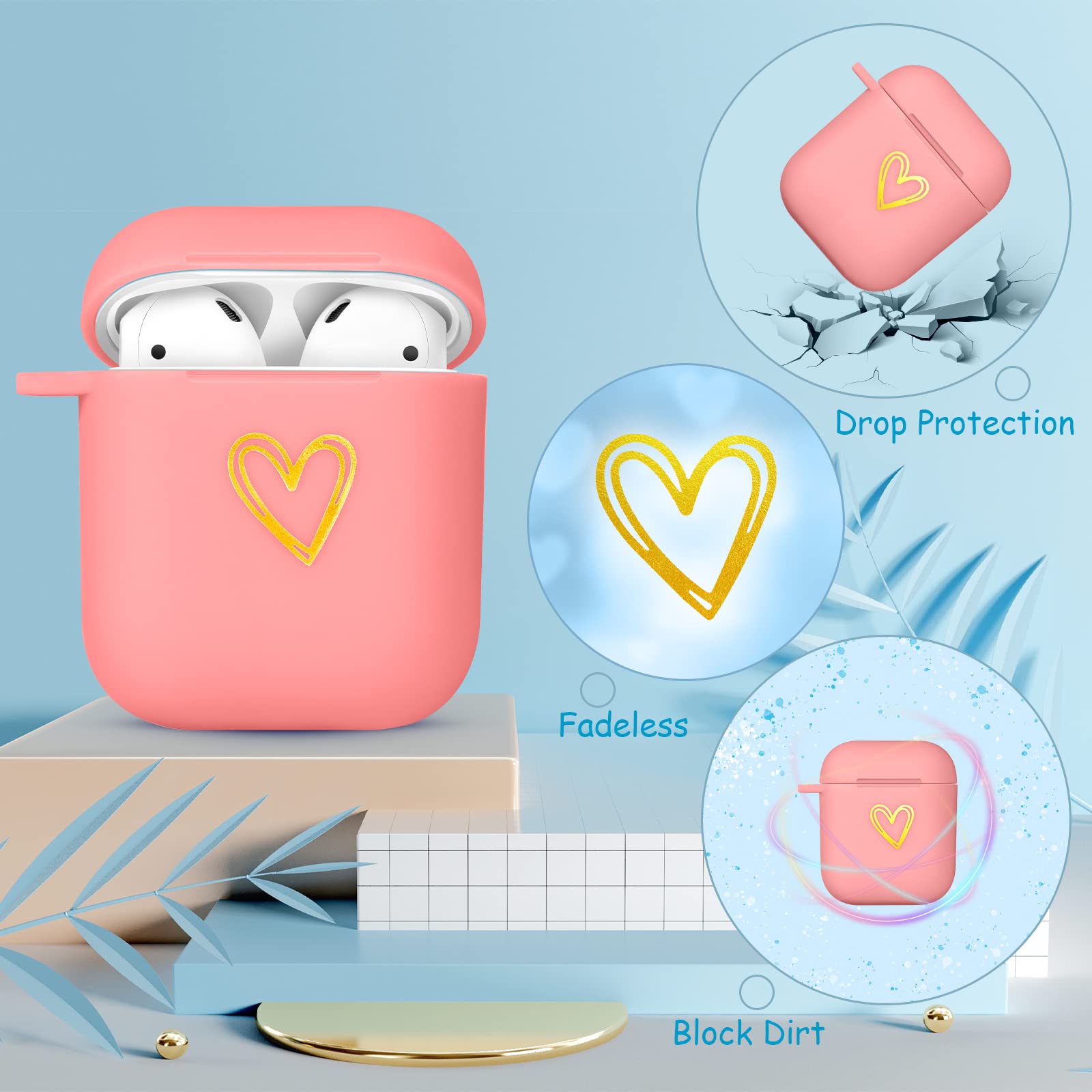 Besoar for Airpods 1st/2nd Generation Case Cute for Women Girls Girly Aesthetic pk Heart Cases with Keychain Buckle for Airpod 1/2 Pretty Lovely Soft Silicone Cover Unique Design for Air Pods 1/2