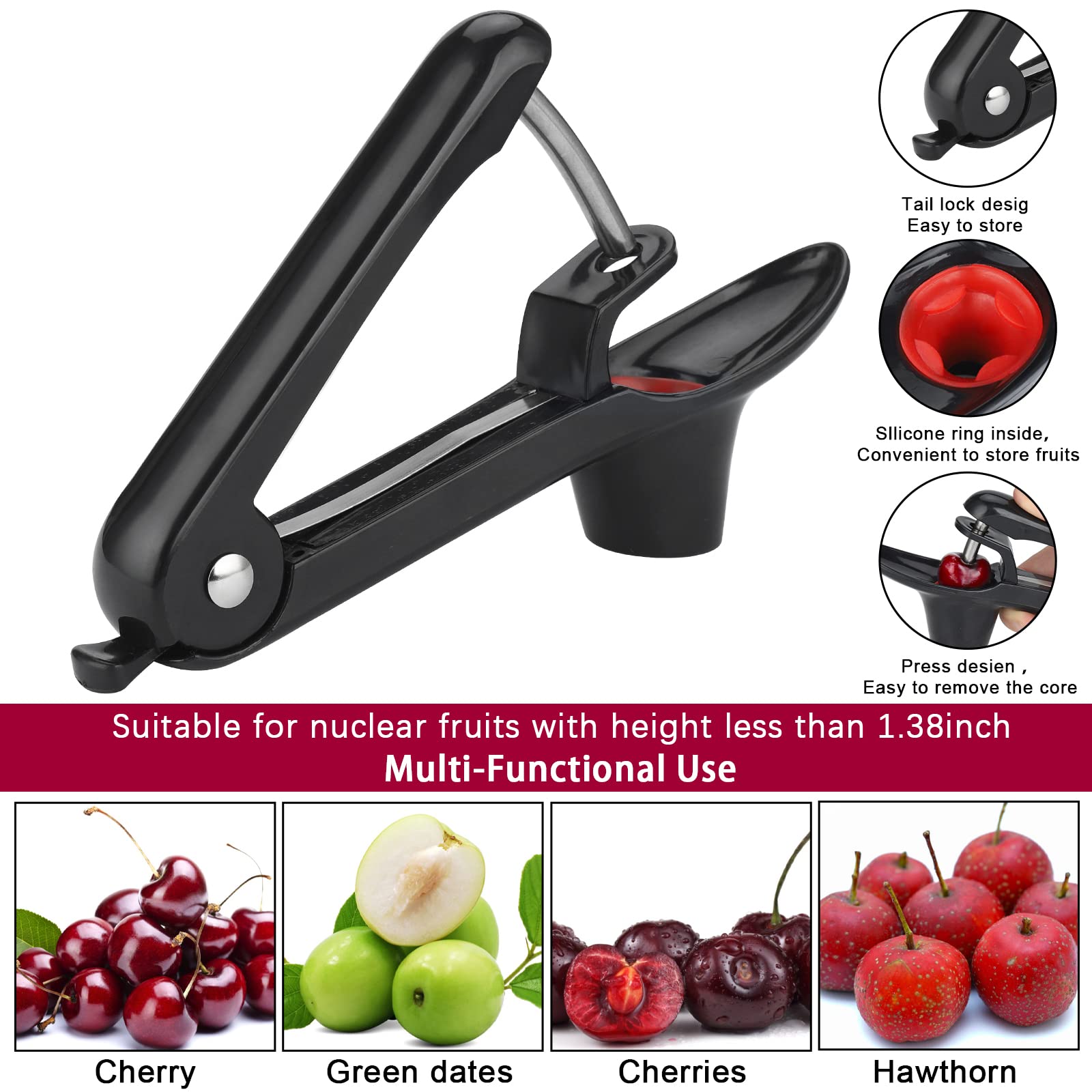 Firjuty Cherry Pitter - Heavy-Duty Olive and Cherry Pitters Corer Tool with Space-Saving Lock Design, Multi-Function Cherries Stoner Seed Remover Tool for Making Cherry Jam (Black)