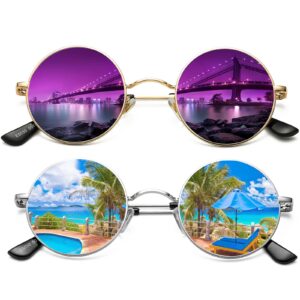 aieyezo round lennon glasses round polarized sunglasses for women men small circle sunnies (gold/purple mirrored + silver/blue mirrored)