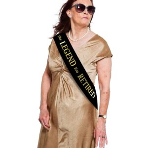 JPACO The Legend Has Retired Sash – Elegant Black and Gold Foil Legendary Sash for Both Women and Men & a Large Gold Safety Pin. Perfect for Retirement Parties