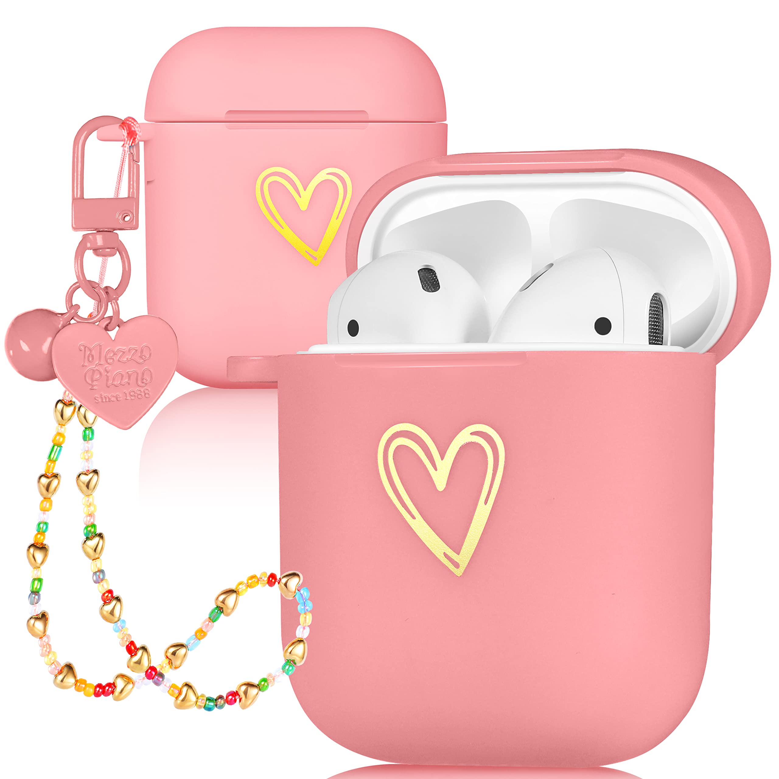 Besoar for Airpods 1st/2nd Generation Case Cute for Women Girls Girly Aesthetic pk Heart Cases with Keychain Buckle for Airpod 1/2 Pretty Lovely Soft Silicone Cover Unique Design for Air Pods 1/2