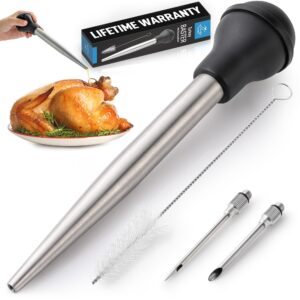 zulay kitchen stainless steel turkey baster for cooking - food grade metal turkey baster syringe & silicone suction bulb - turkey baster large size - includes 2 detachable needles and cleaning brush