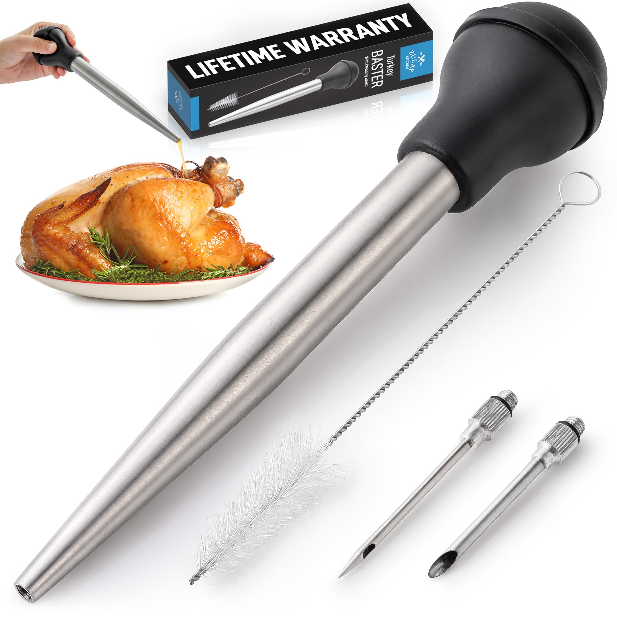 Zulay Kitchen Stainless Steel Turkey Baster for Cooking - Food Grade Metal Turkey Baster Syringe & Silicone Suction Bulb - Turkey Baster Large Size - Includes 2 Detachable Needles and Cleaning Brush