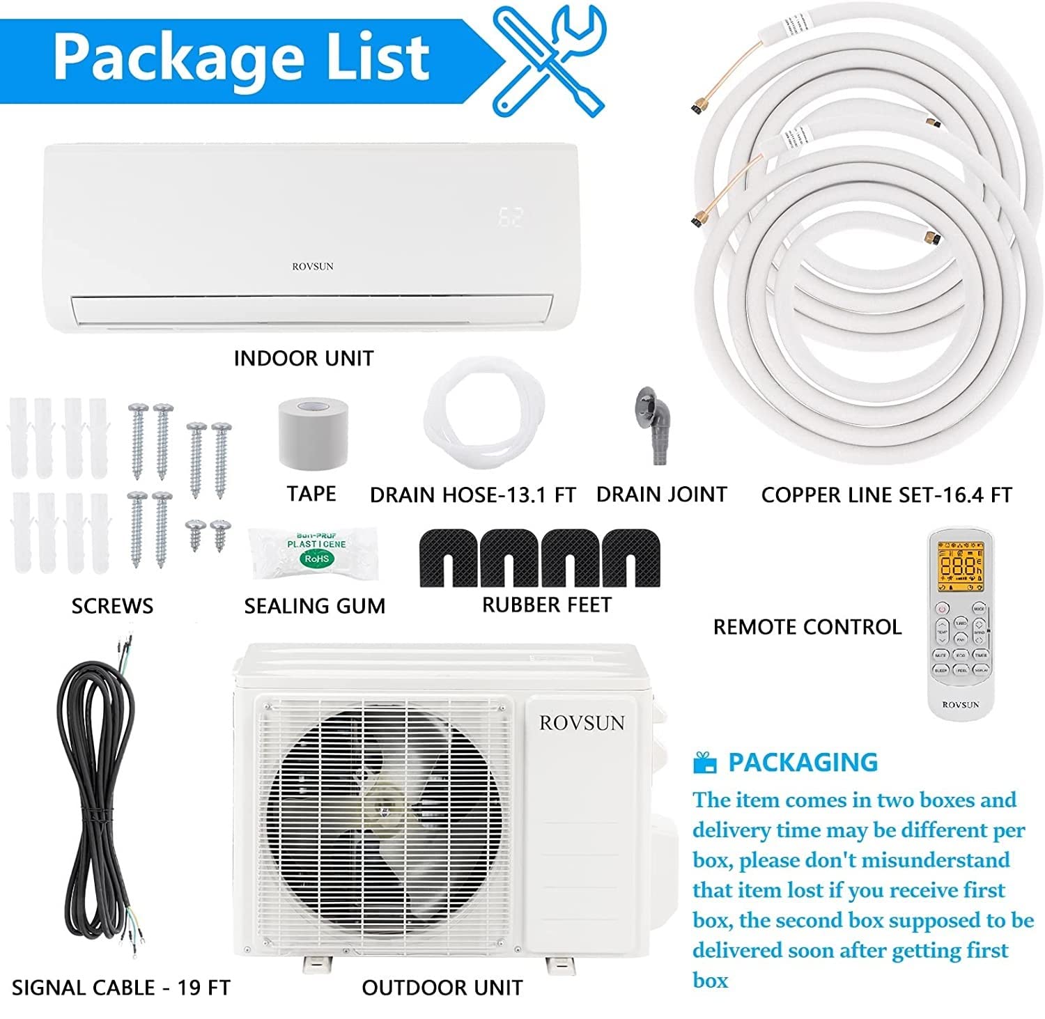 ROVSUN 18,000 BTU Ductless Mini Split AC/Heating System, 230V / 19 SEER Split-System Wall Air Conditioner Pre-Charged Inverter Heat Pump with 16ft Installation Kit (1 set)