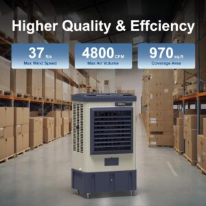 MEPTY 4800 CFM Portable Swamp Cooler, Evaporative Air Cooler with Continuous Auto Fill, Evaporative Cooler for Commercial, Industrial, Garage, Patio, Outdoor Use, 41Inch, 970sq.ft, Scroll Casters