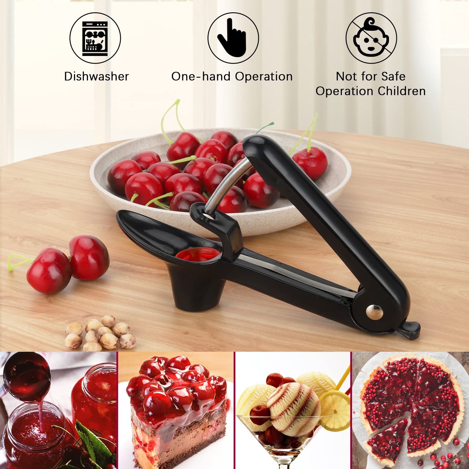 Firjuty Cherry Pitter - Heavy-Duty Olive and Cherry Pitters Corer Tool with Space-Saving Lock Design, Multi-Function Cherries Stoner Seed Remover Tool for Making Cherry Jam (Black)