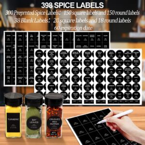 AISIPRIN Spice Jars with Lable, Glass Salt and Pepper Shakers Set, 24 Pcs Spice Botter with Shaker Lids, Ktchen Essentials Seasoning Organizer Containers, Included 398 Lables,Funnel, Brush, Marker