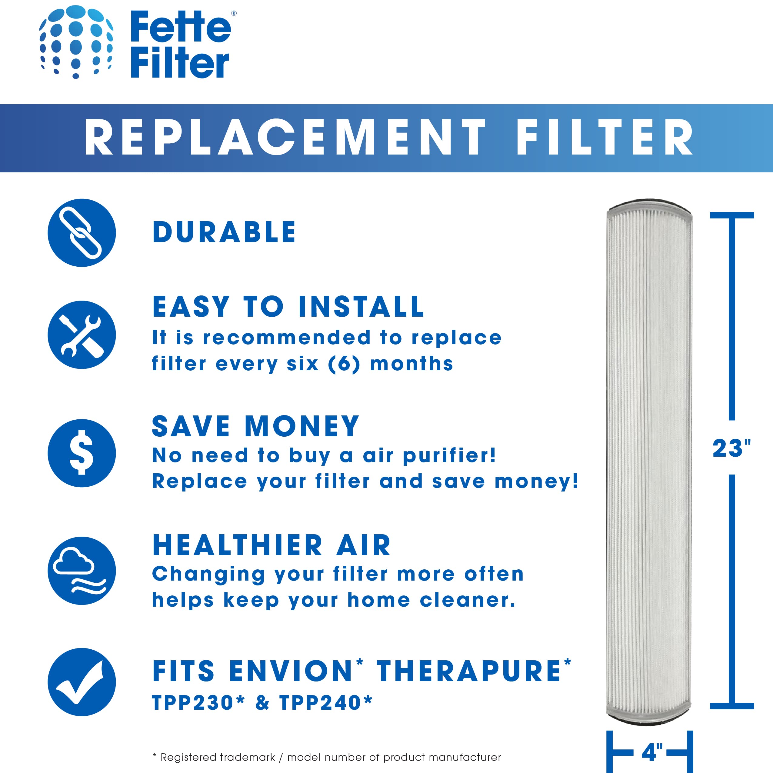 Fette Filter - Air Purifier True Hepa Filter Compatible with Envion Therapure TPP230 & TPP240 Compare to Part # TPP240F - Pack of 2