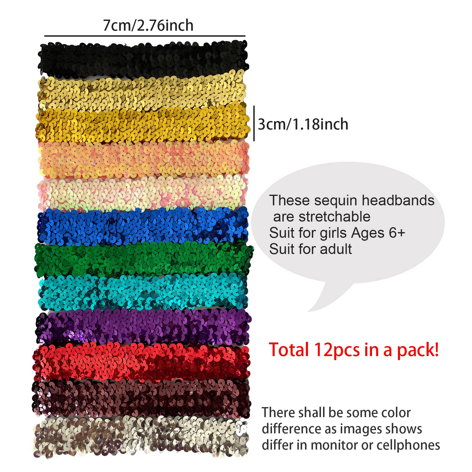 WEBGGER 12 Pack Sequin Headbands Elastic Stretch Sparkly Fashion Headband for Teens Girls Women Hairband Sport Head Band Party Favors Muticolored