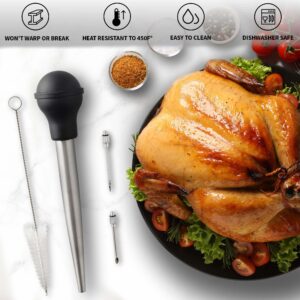 Zulay Kitchen Stainless Steel Turkey Baster for Cooking - Food Grade Metal Turkey Baster Syringe & Silicone Suction Bulb - Turkey Baster Large Size - Includes 2 Detachable Needles and Cleaning Brush