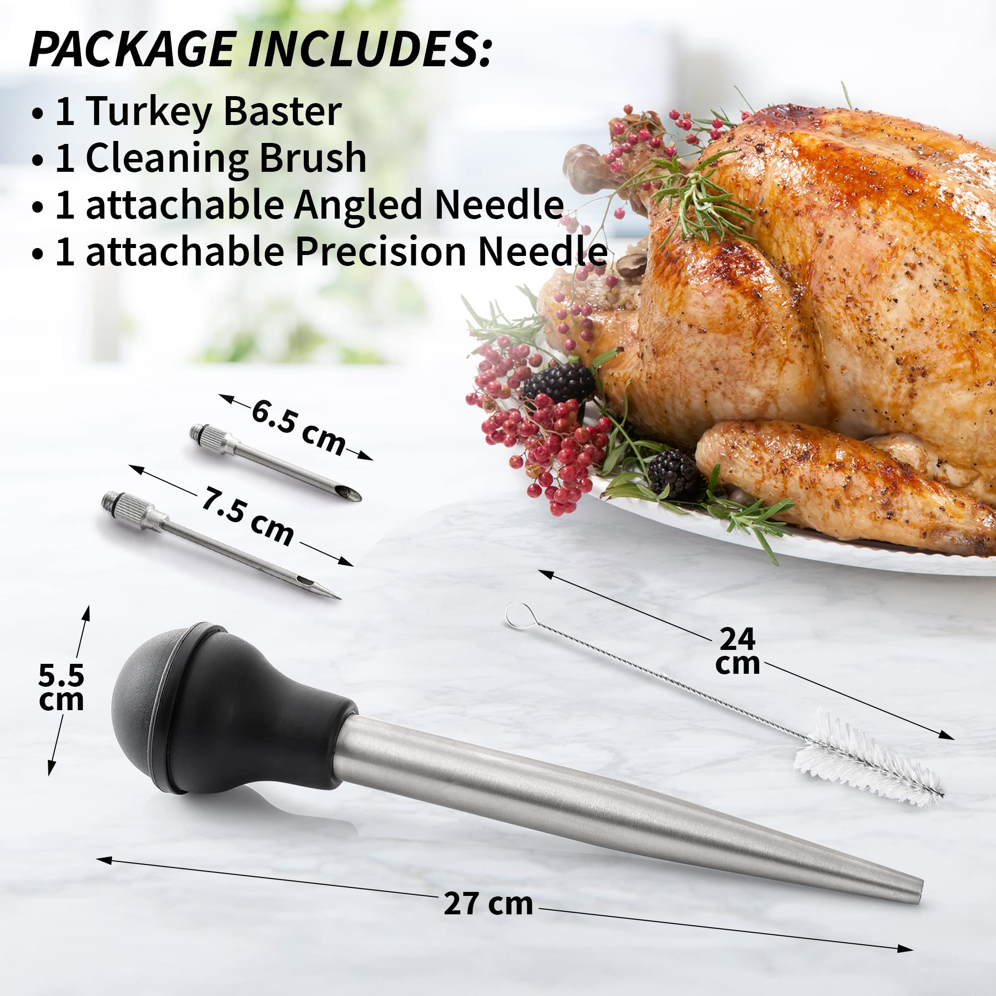 Zulay Kitchen Stainless Steel Turkey Baster for Cooking - Food Grade Metal Turkey Baster Syringe & Silicone Suction Bulb - Turkey Baster Large Size - Includes 2 Detachable Needles and Cleaning Brush