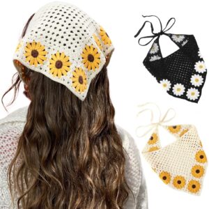 haimeikang floral crochet hair bandanas headscarf 2 pcs women hair scarf daisy headband vintage head kerchief for girls(yellow+black)