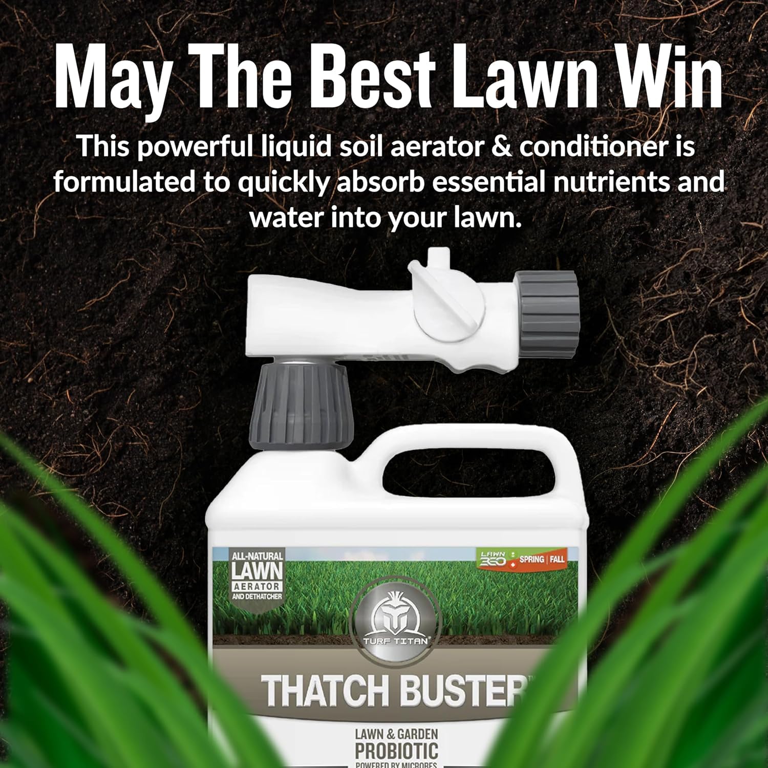 Turf Titan Thatch Buster with Hose End Sprayer – Natural Lawn Aerator and Grass Dethatcher – Probiotic Solution for Improved Lawn Drainage, Soil Health, and Strength (32oz)