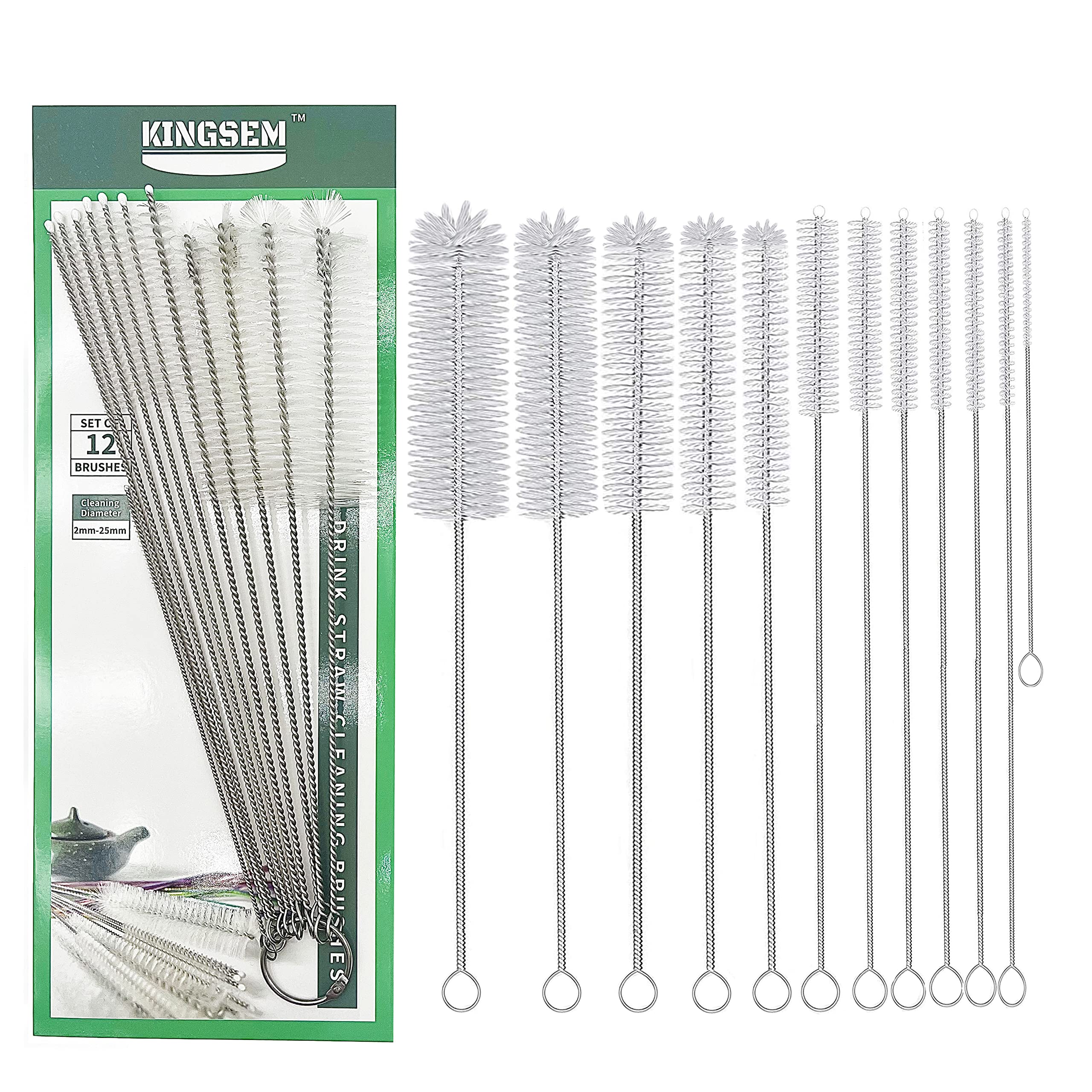 KINGSEM 12 PCS Straw Cleaner Brush kit with 2mm-25mm /6.5-10 INCH for Tube and Pipe.Tumbler, Sippy Cup, Bottle with Straw,Hummingbird feeders and Drinking Straw, Brushes for Cleaning Tanks