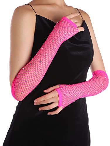 OTPEH Women Fishnet Rhinestone Gloves Fingerless Kids Fish Net Arm Sleeve Warmers 80s Emo Scene Accessories Pink